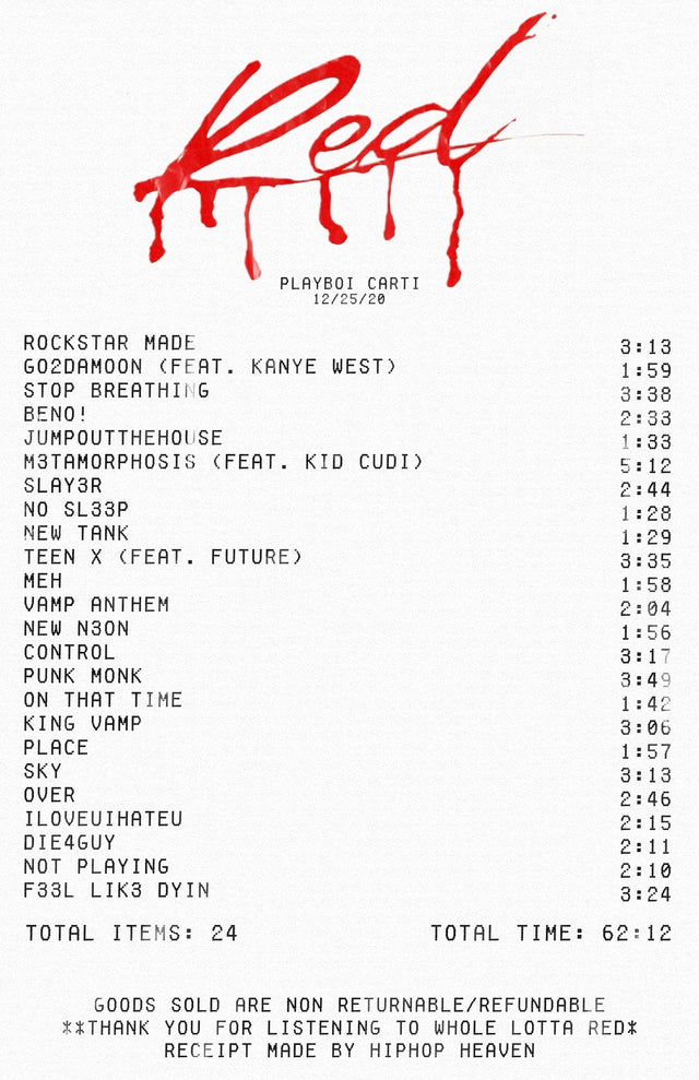 Whole Lotta Red Receipt Poster – Hiphop Heaven