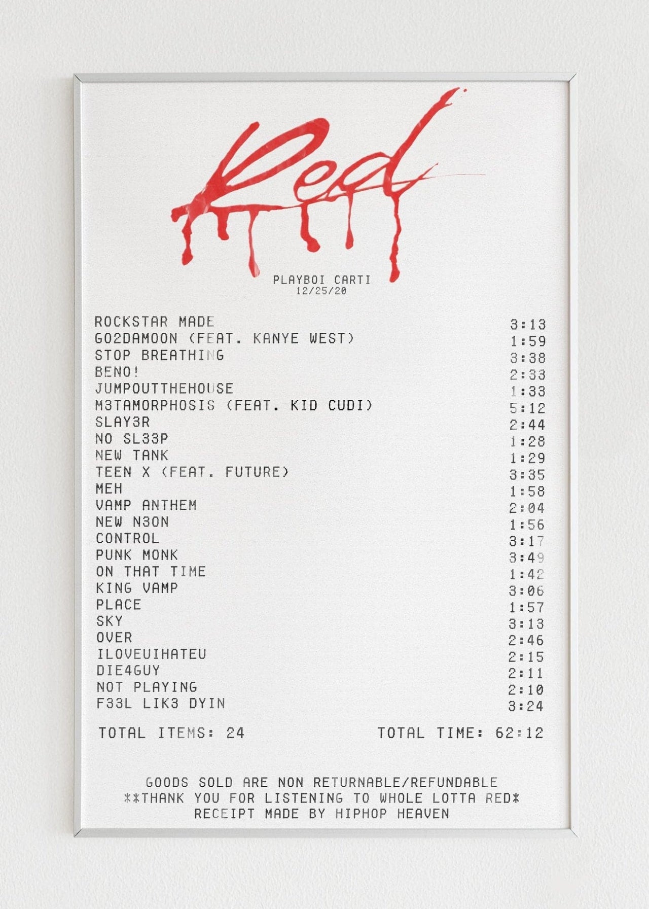 Whole Lotta Red Receipt Poster – Hiphop Heaven